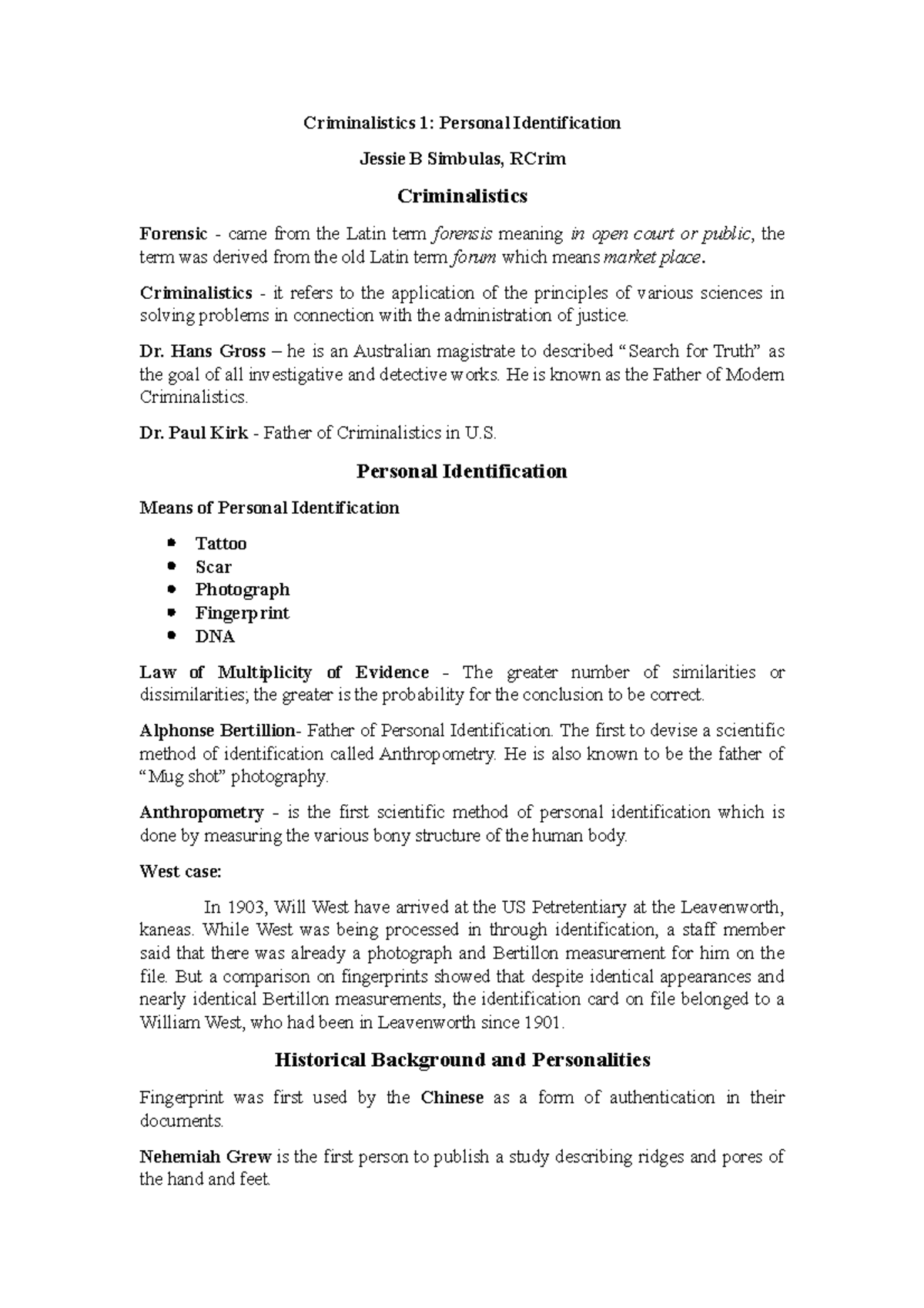 Criminalistics 1 Personal Identification - Criminalistics 1: Personal ...