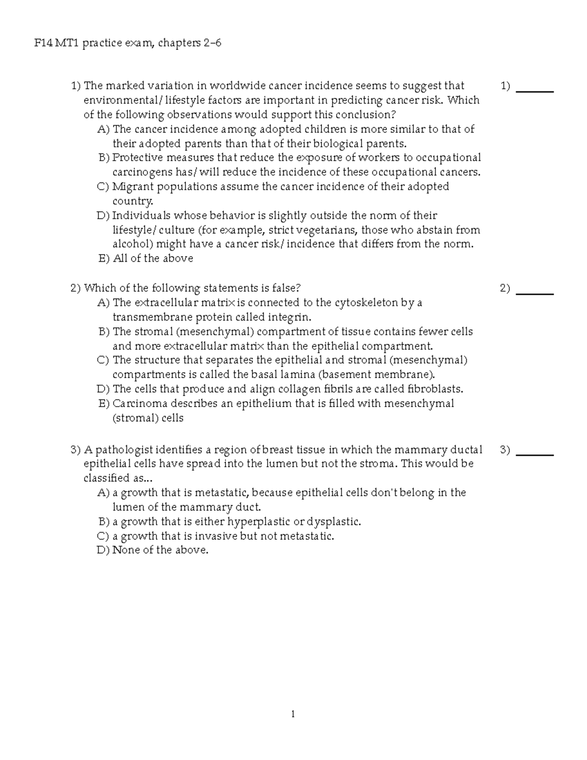 F14 BIO 314 MT1 practice - F14 MT1 practice exam, chapters 2 - 6 1)The ...