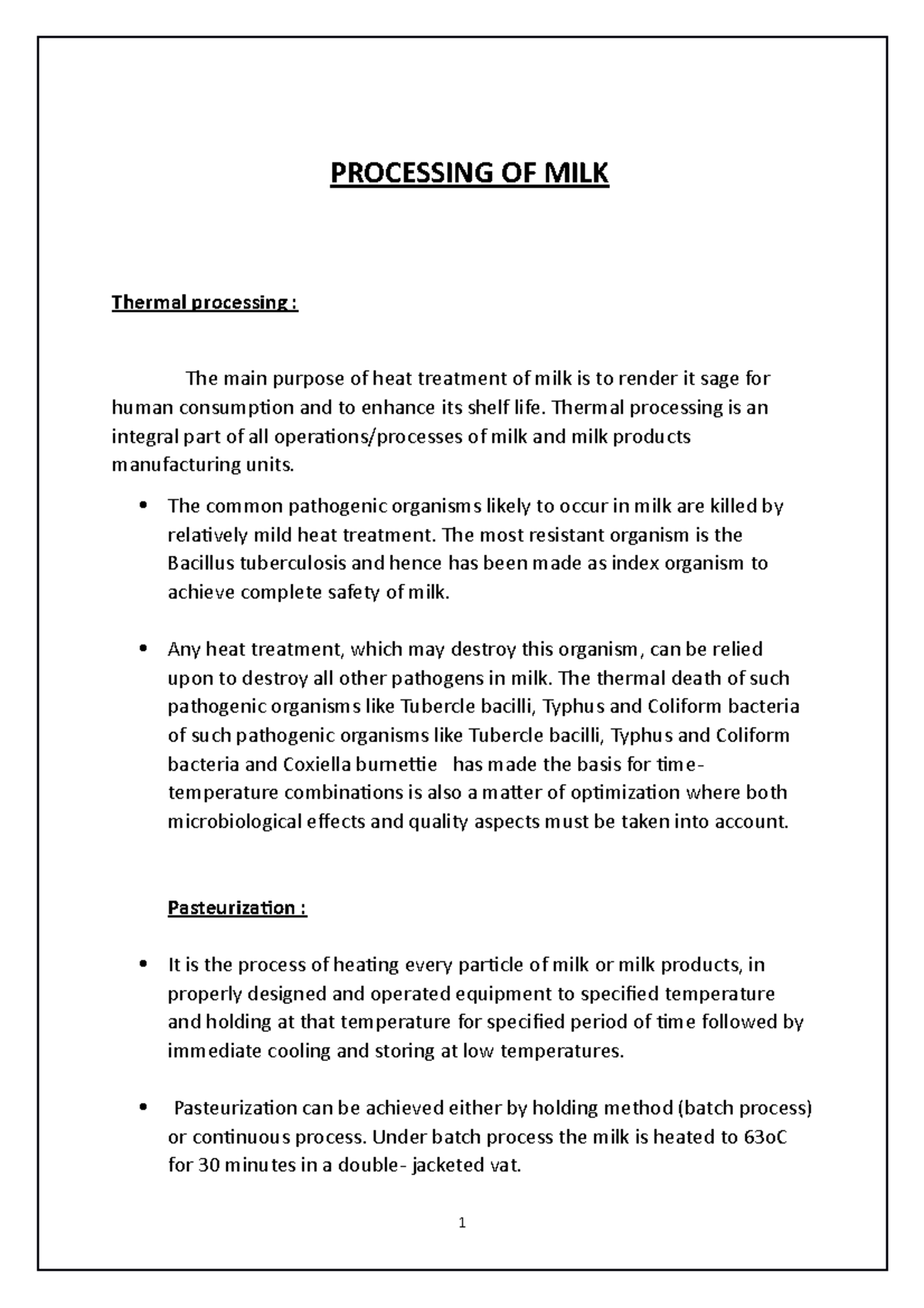 Processing OF MILK - Lecture notes 5-6 - PROCESSING OF MILK Thermal ...