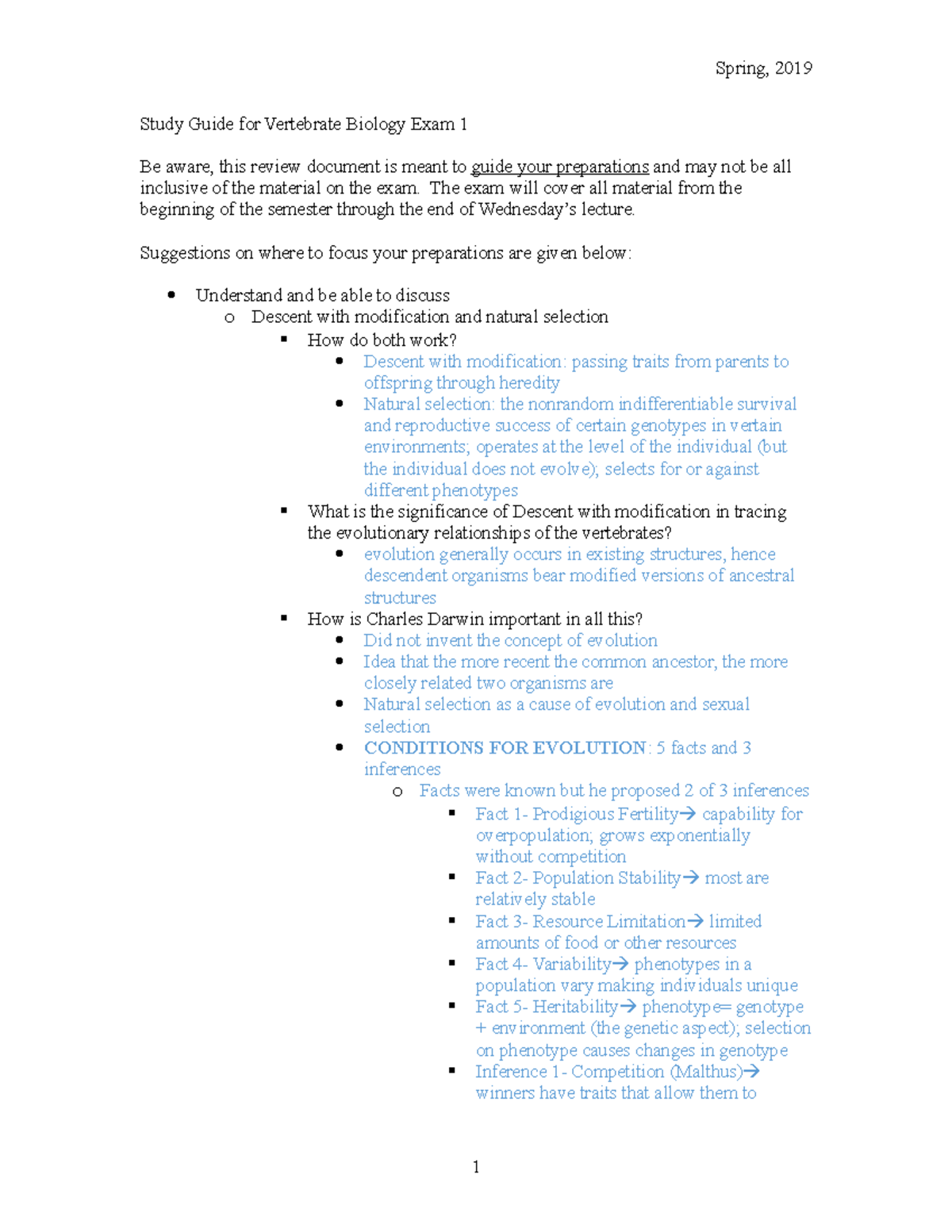 Study Guide for Vertebrate Biology Exam 1 2019 - The exam will cover ...