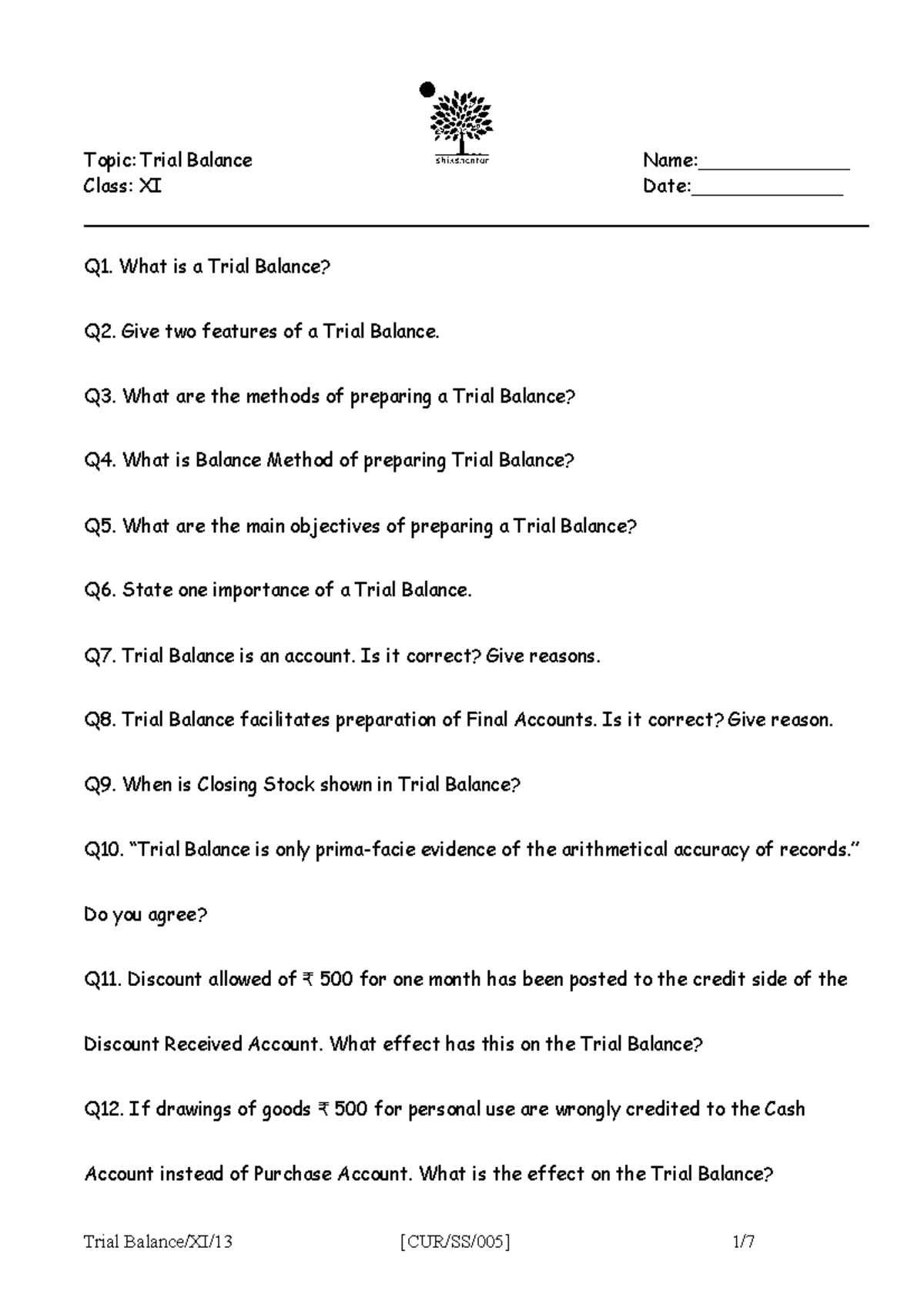 Accounts XI Worksheet Trial Balance - Topic: Trial Balance Name ...