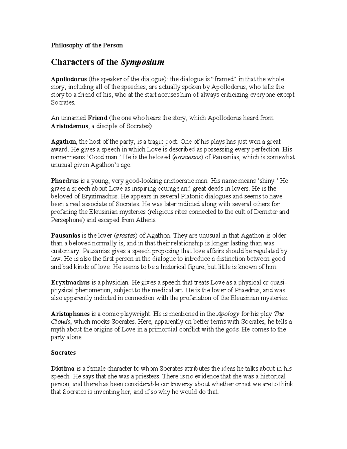 Symposium Characters - Philosophy of the Person Characters of the ...