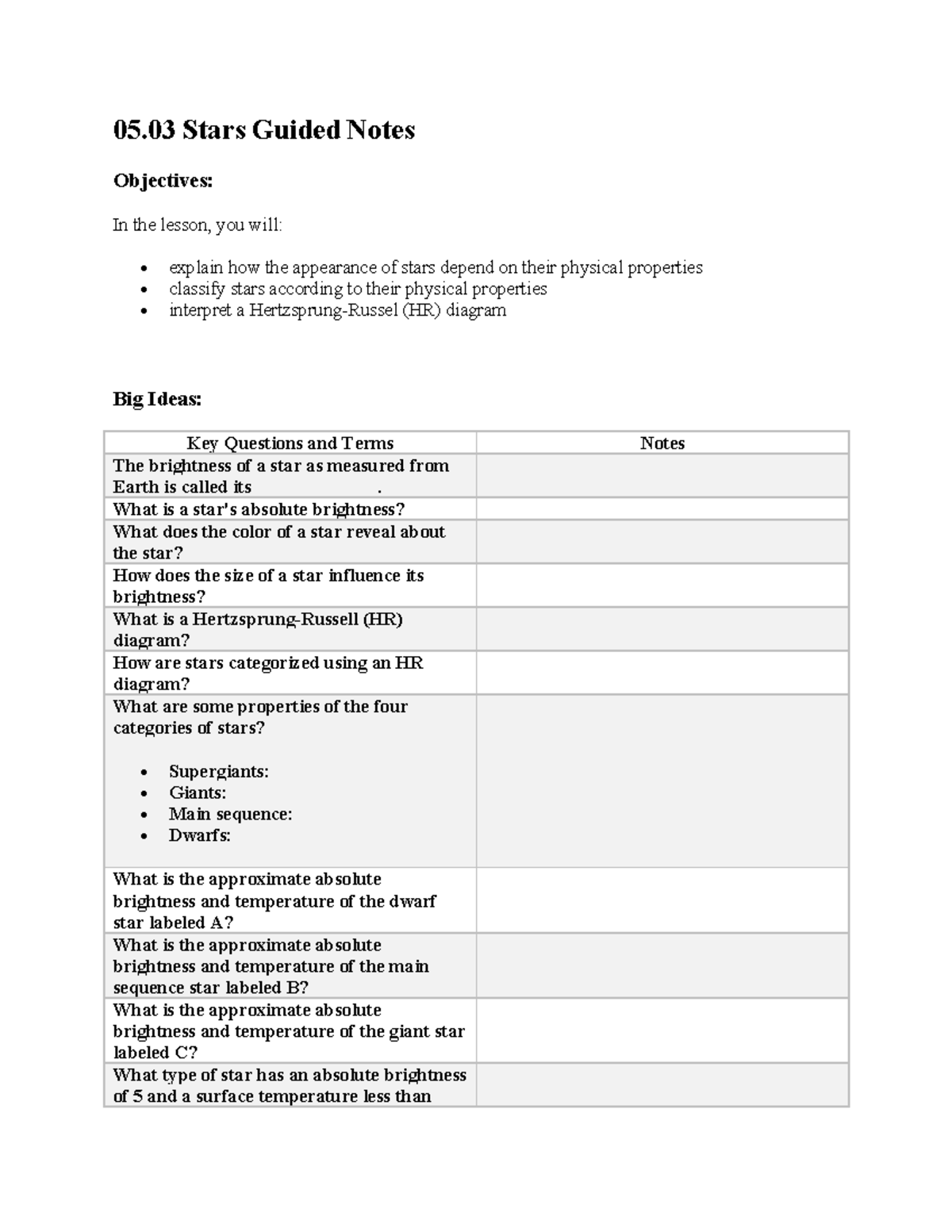 05 - yes - 05 Stars Guided Notes Objectives: In the lesson, you will ...