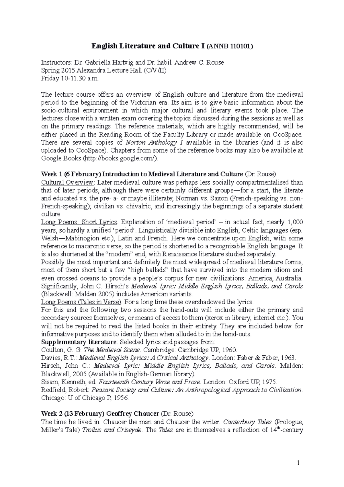 English Literature and Culture I - Lecture Course Syllabus 2015 Spring ...