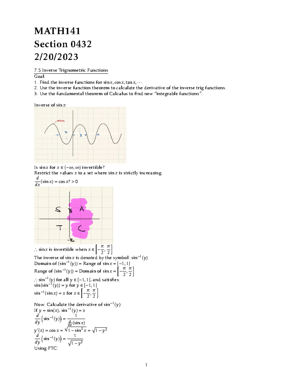 Math141 Lecture Notes Feb 20 Math Section 0432 2 20 7 Inverse Trignometric Functions Goal