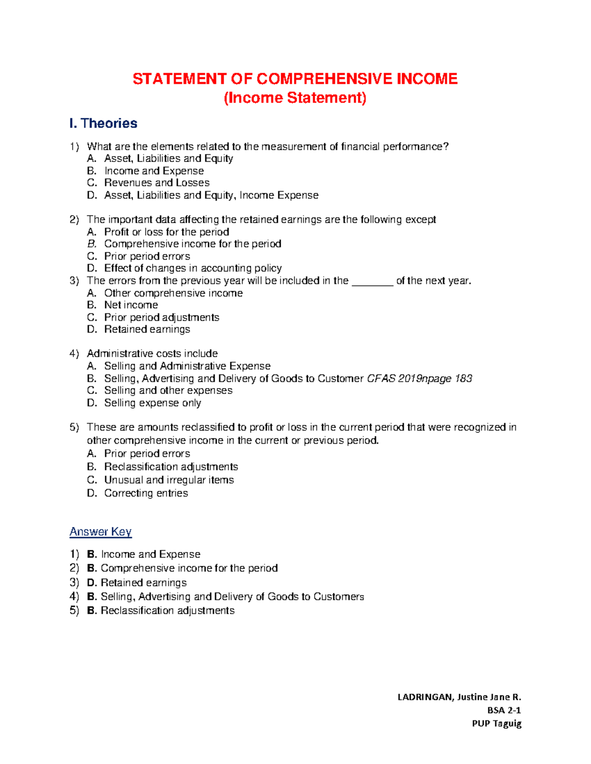 Comprehensive Income - LADRINGAN, Justine Jane R. BSA 2- 1 STATEMENT OF ...
