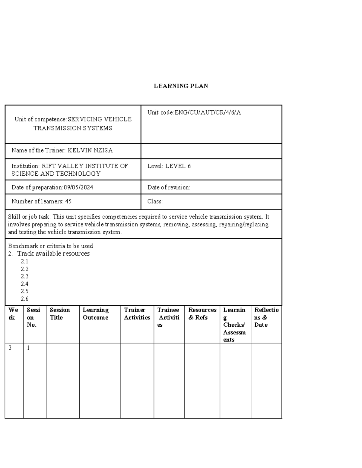 Learning PLAN - LEARNING PLAN Unit of competence:SERVICING VEHICLE ...