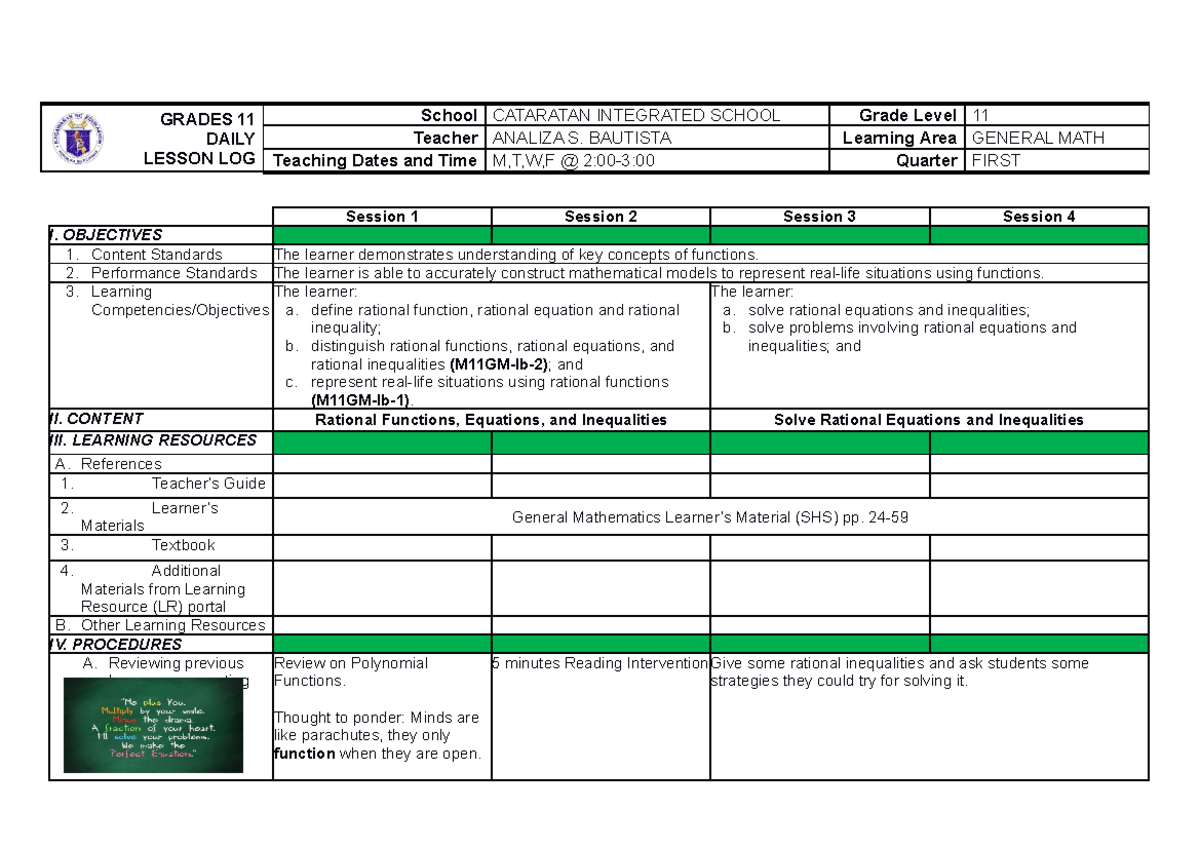 gen math DLL-WK 4 - GRADES 11 DAILY LESSON LOG School CATARATAN ...