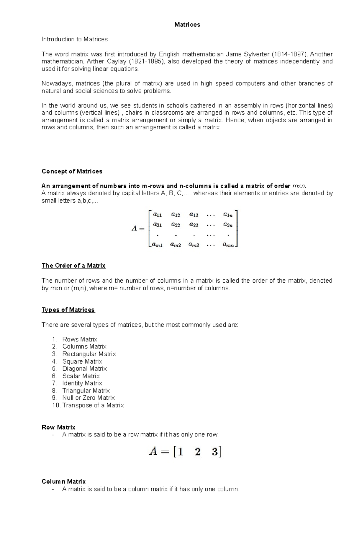 Matrices - Matrices Introduction to Matrices The word matrix was first ...