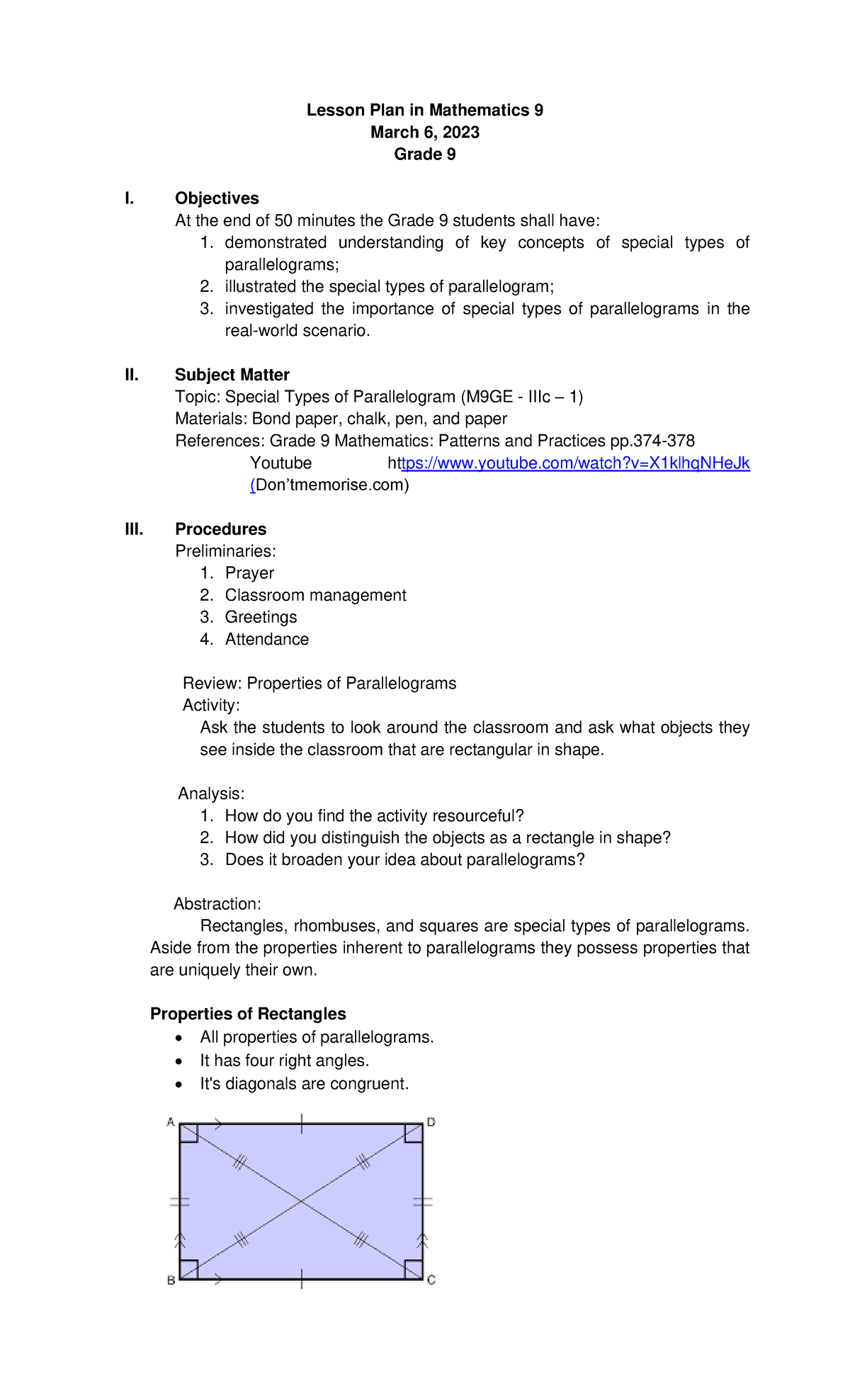 Grade 9special type of Parallelograms Toledo - Lesson Plan in ...