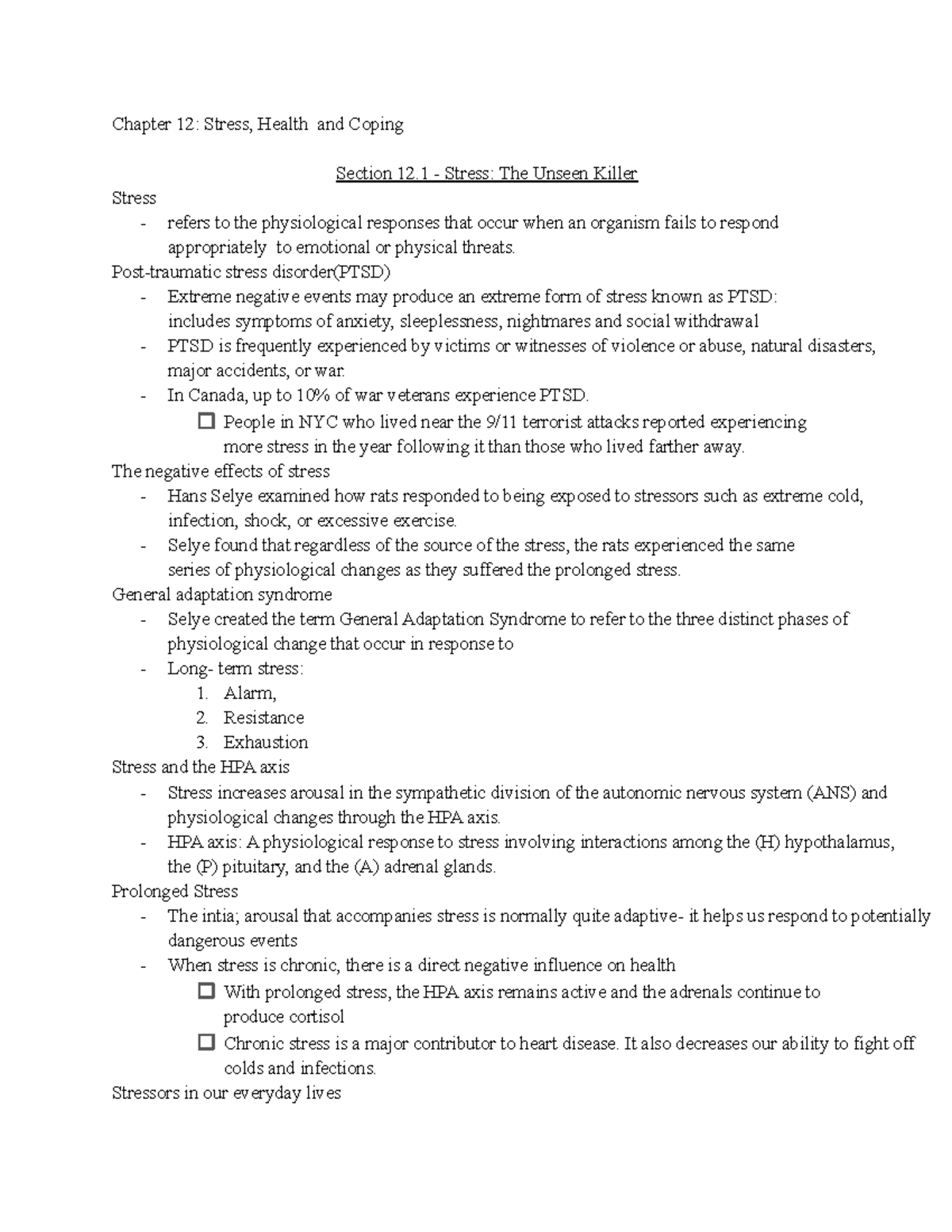 Psych 121-chapter 12 - Chapter 12: Stress, Health and Coping Section 12 ...