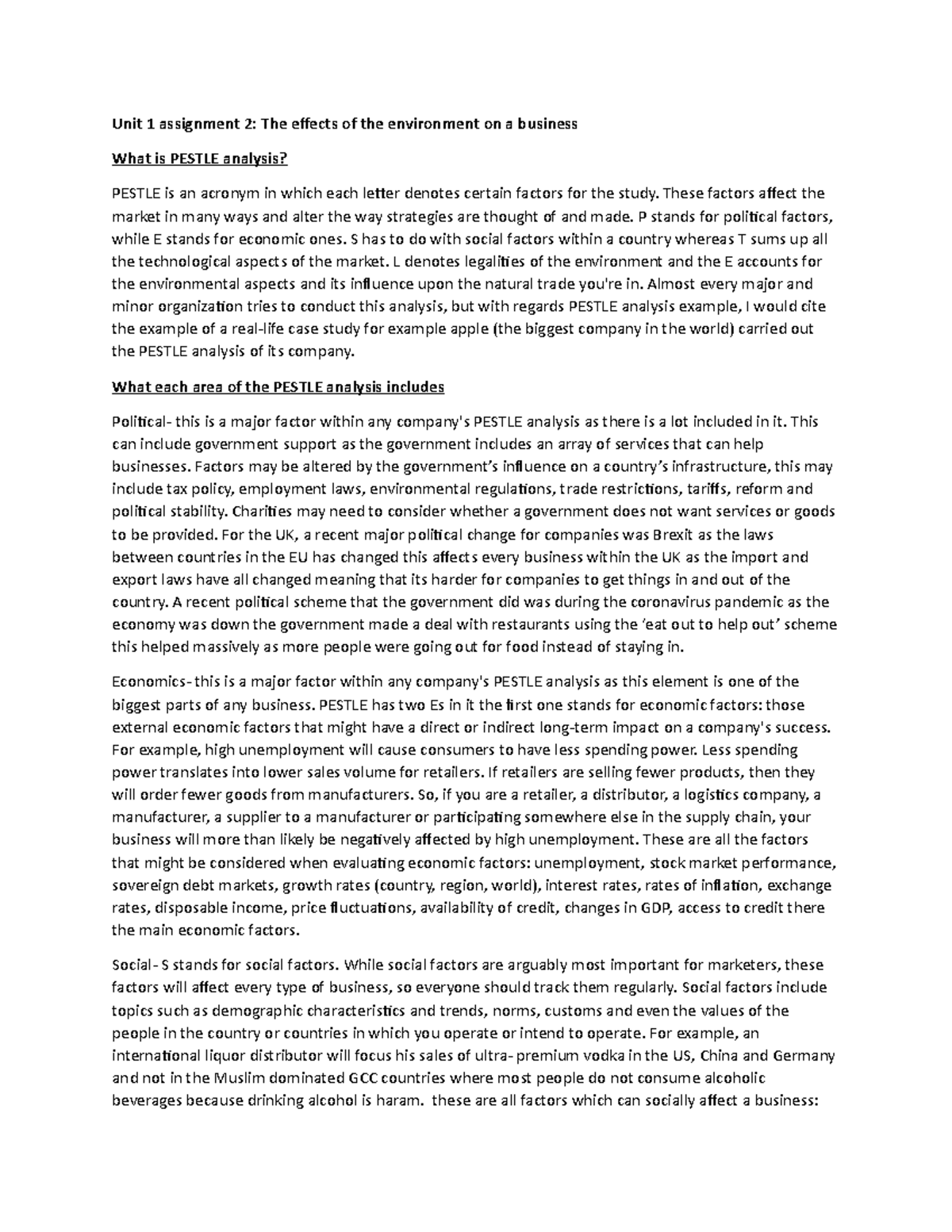 Pestle business analysis - Unit 1 assignment 2: The effects of the environment on a business ...