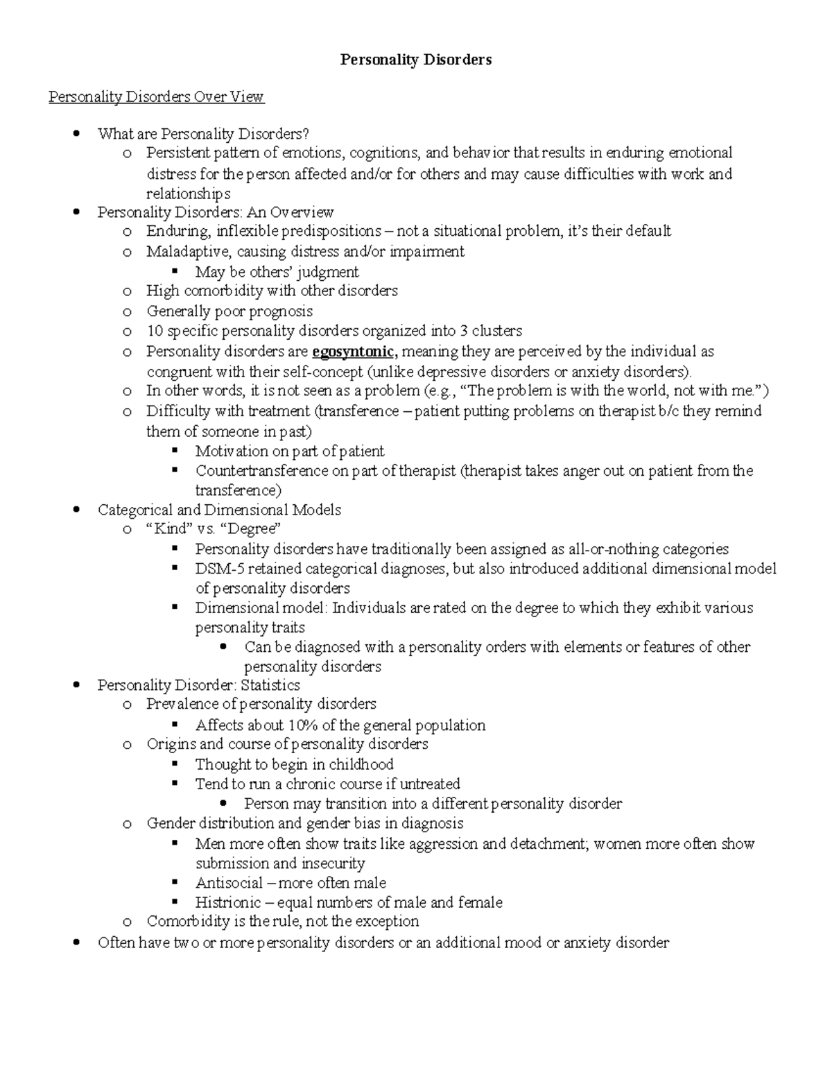 Personality Disorders Overview - Studocu