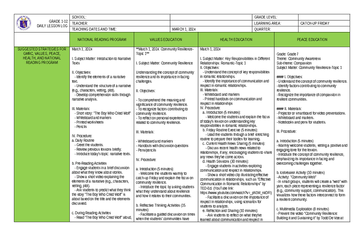 Grade 7 March-MAY DLL - GRADE 1- DAILY LESSON LOG SCHOOL: GRADE LEVEL ...