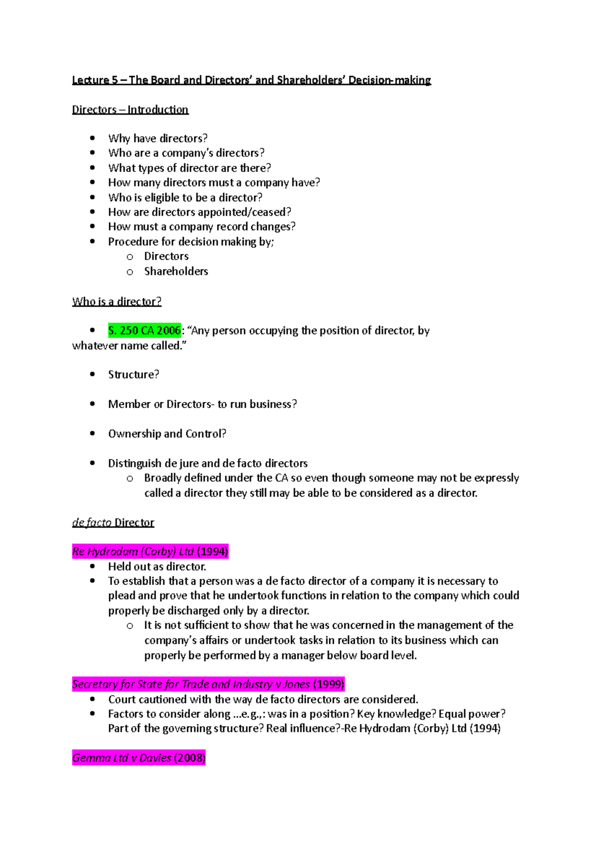 Lecture 5: The Board and Directors Introduction - Studocu