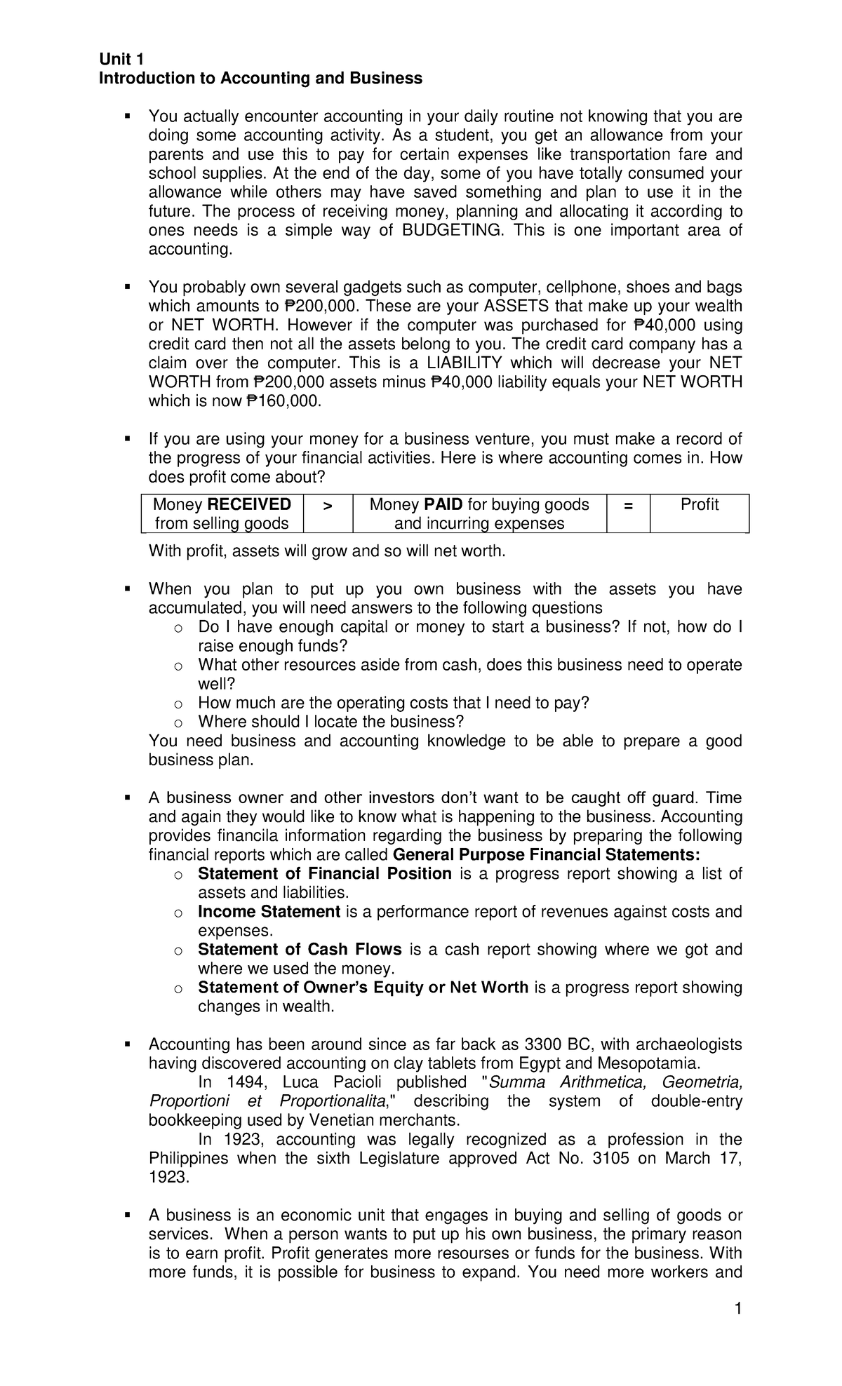 Unit 1 Introduction to Accounting & Business - Introduction to ...