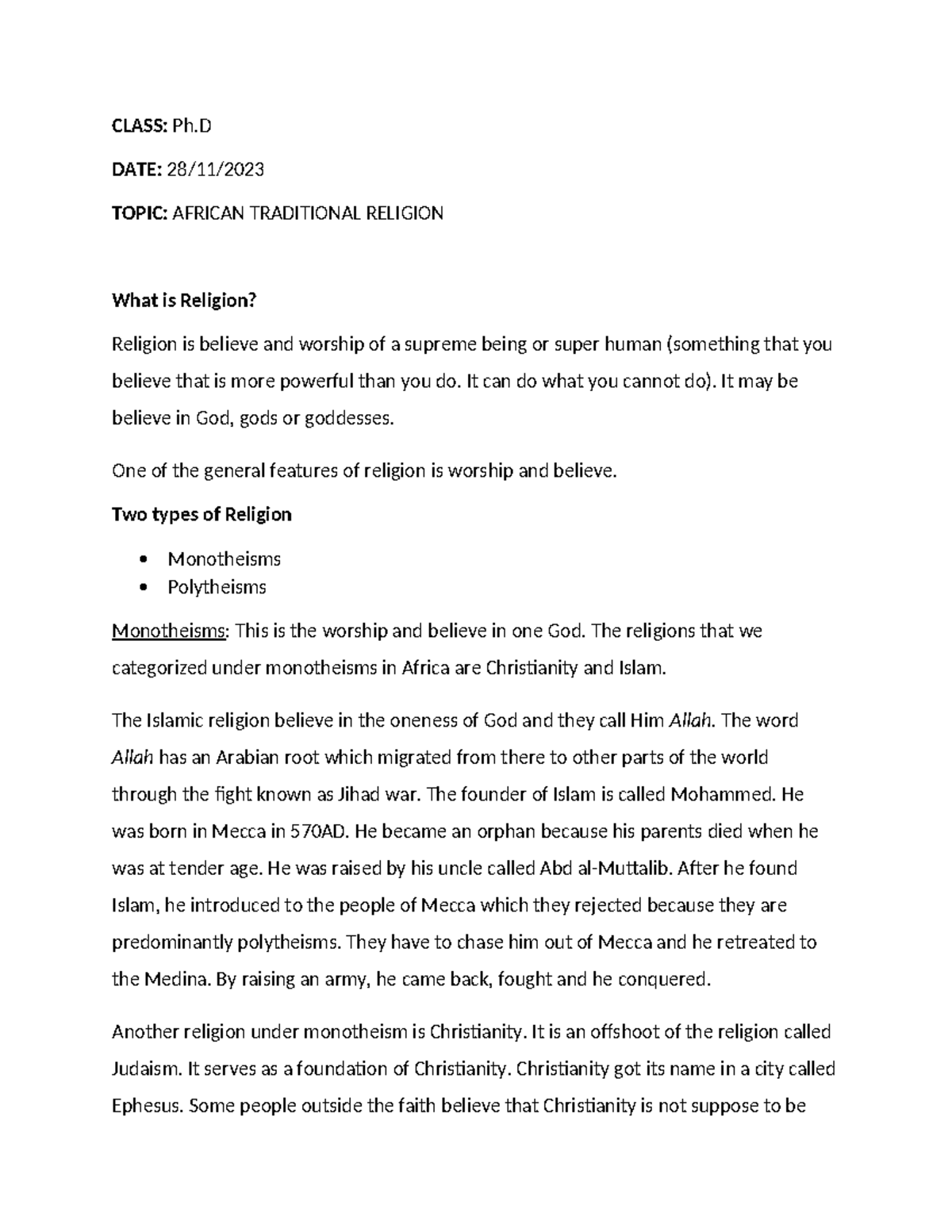 African Traditional Religion (Ph - CLASS: Ph DATE: 28/11/ TOPIC ...