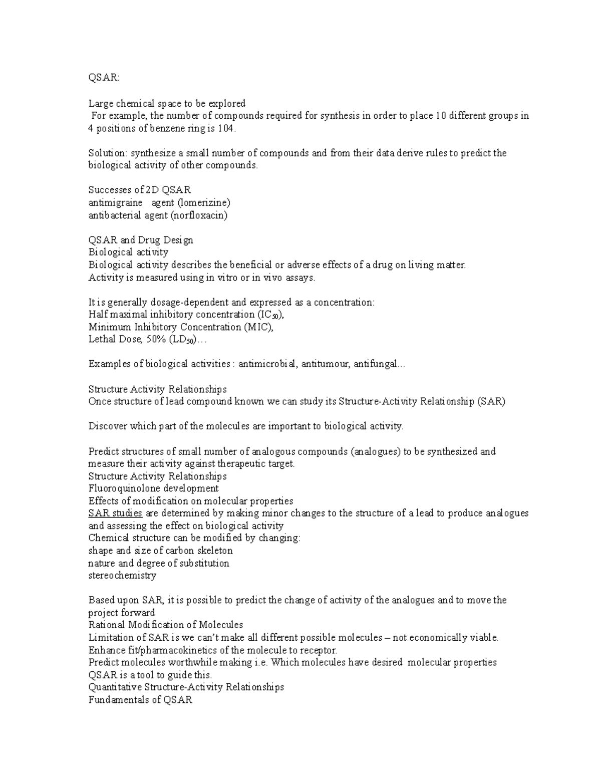 QSAR lecture 1 summary - QSAR: Large chemical space to be explored For ...