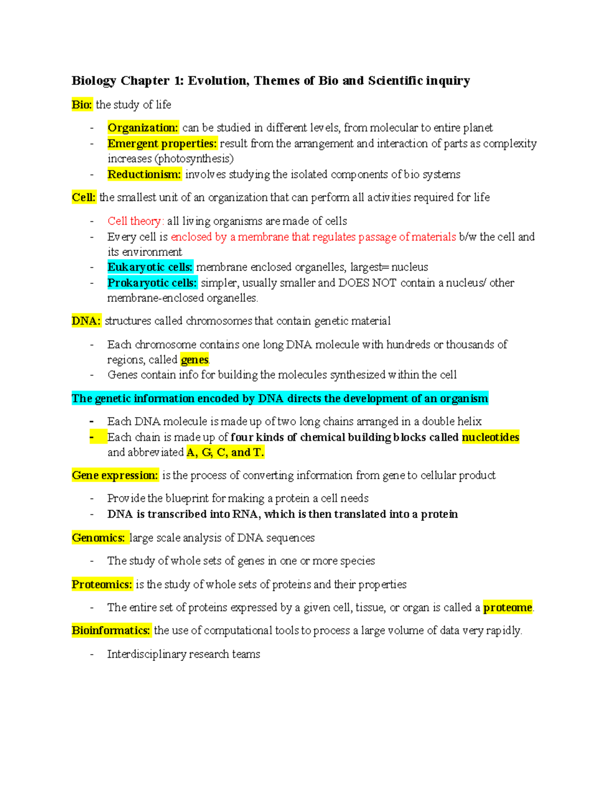 Bio 1 notes chapter 1-7 - Biology Chapter 1: Evolution, Themes of Bio ...