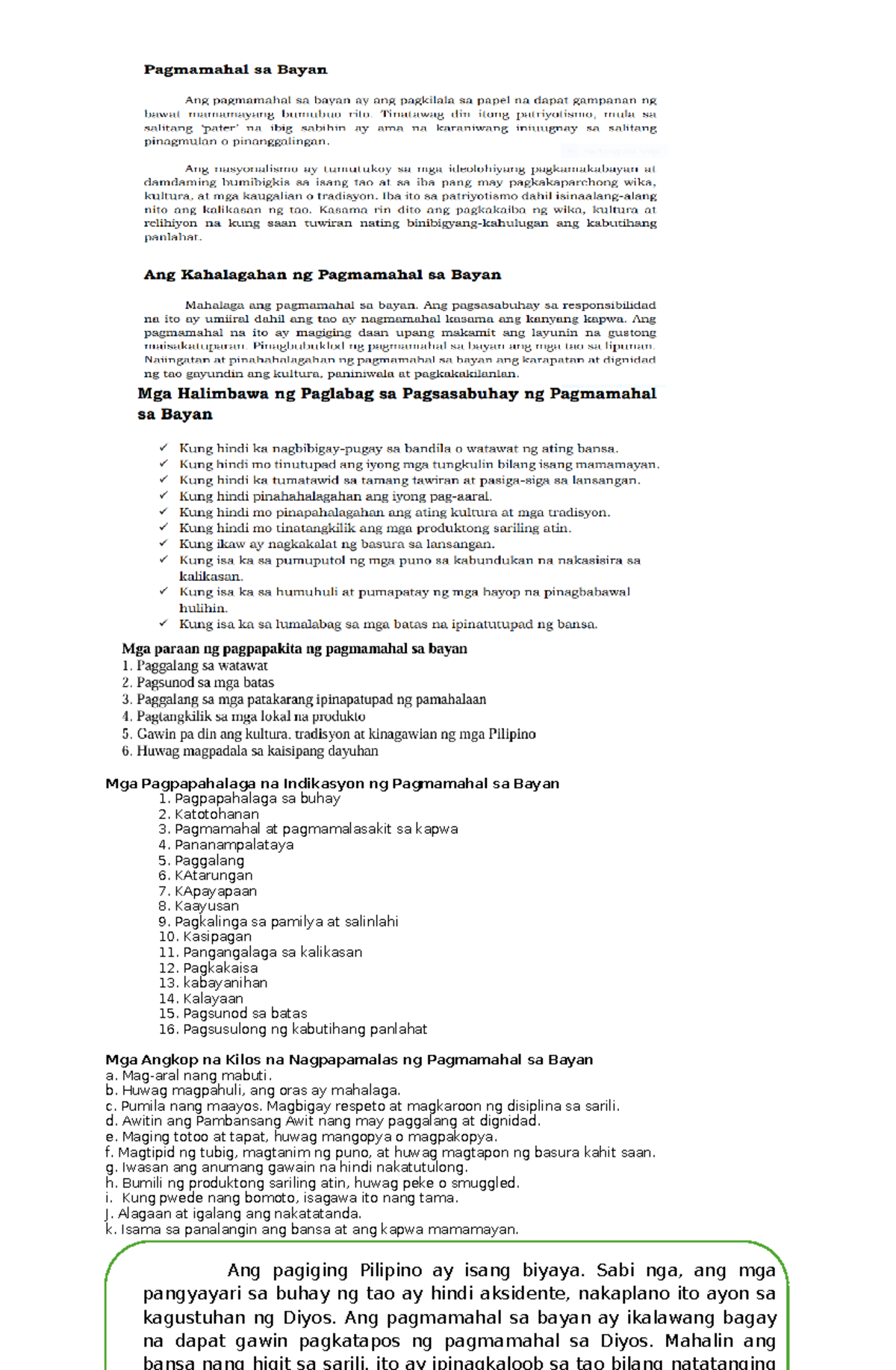 Lesson Handouts IN ESP ( Pagmamahal SA Bayan AT Kalikasan) - Mga ...