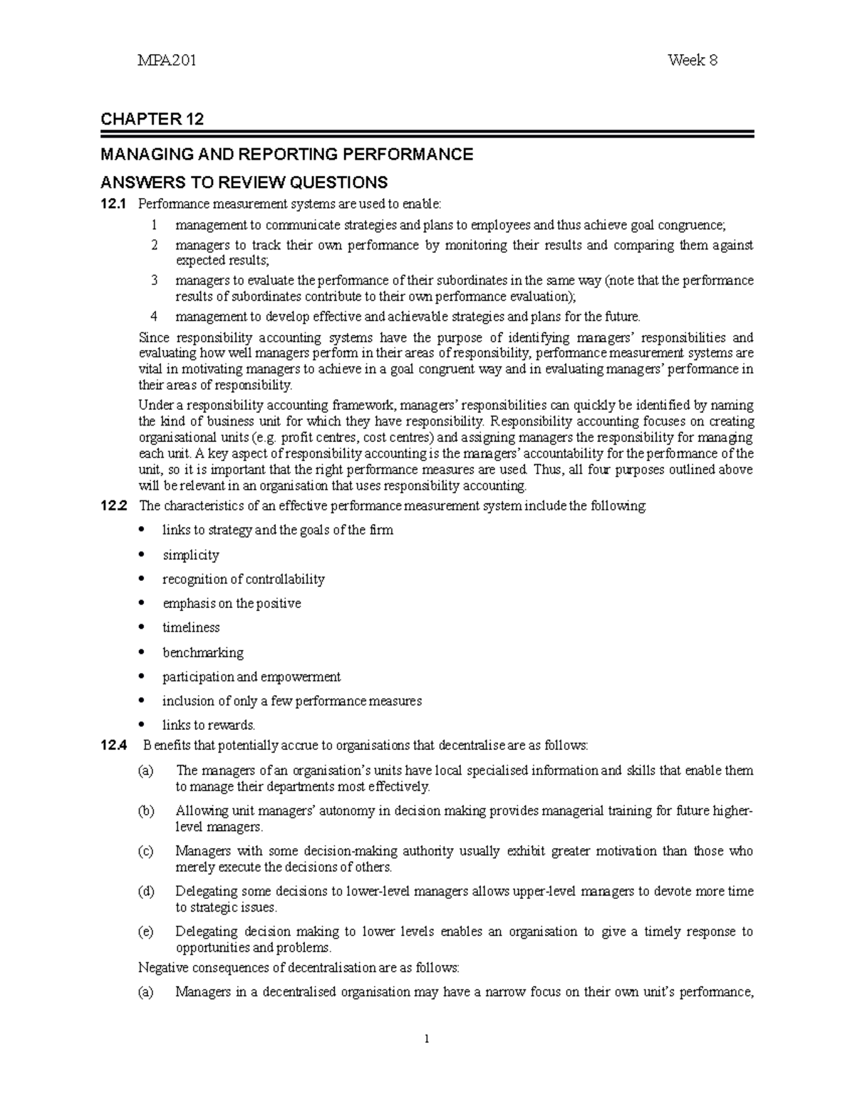 MPA201 Tute Sol W8 Ch12 - CHAPTER 12 MANAGING AND REPORTING PERFORMANCE ANSWERS TO REVIEW ...