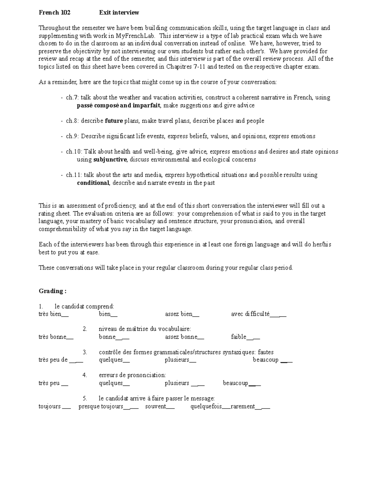 French 102 Exit interview Practice - French 102 Exit interview ...