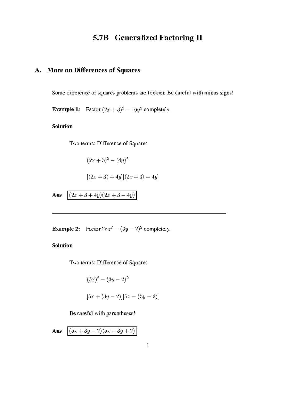 5 7B Generalized Factoring II More On Differences Of Squares Some