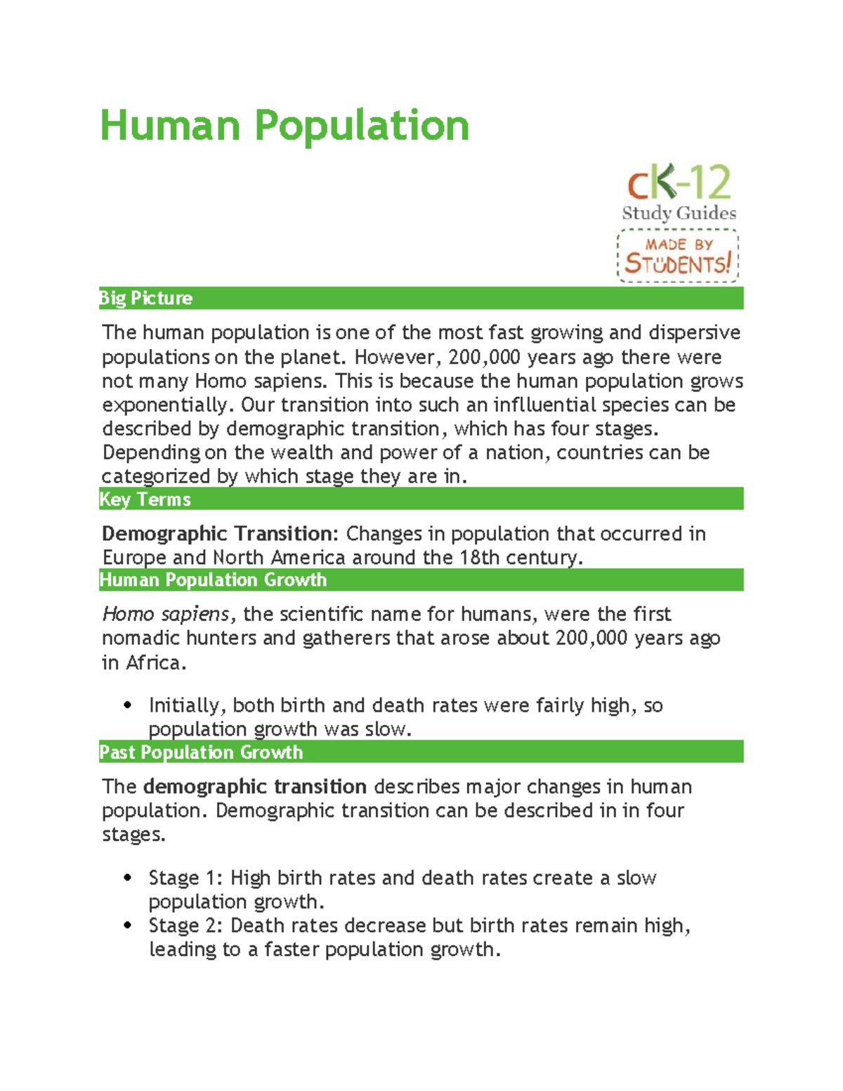 Biology Study Guide part 35 - Human Population Big Picture The human ...