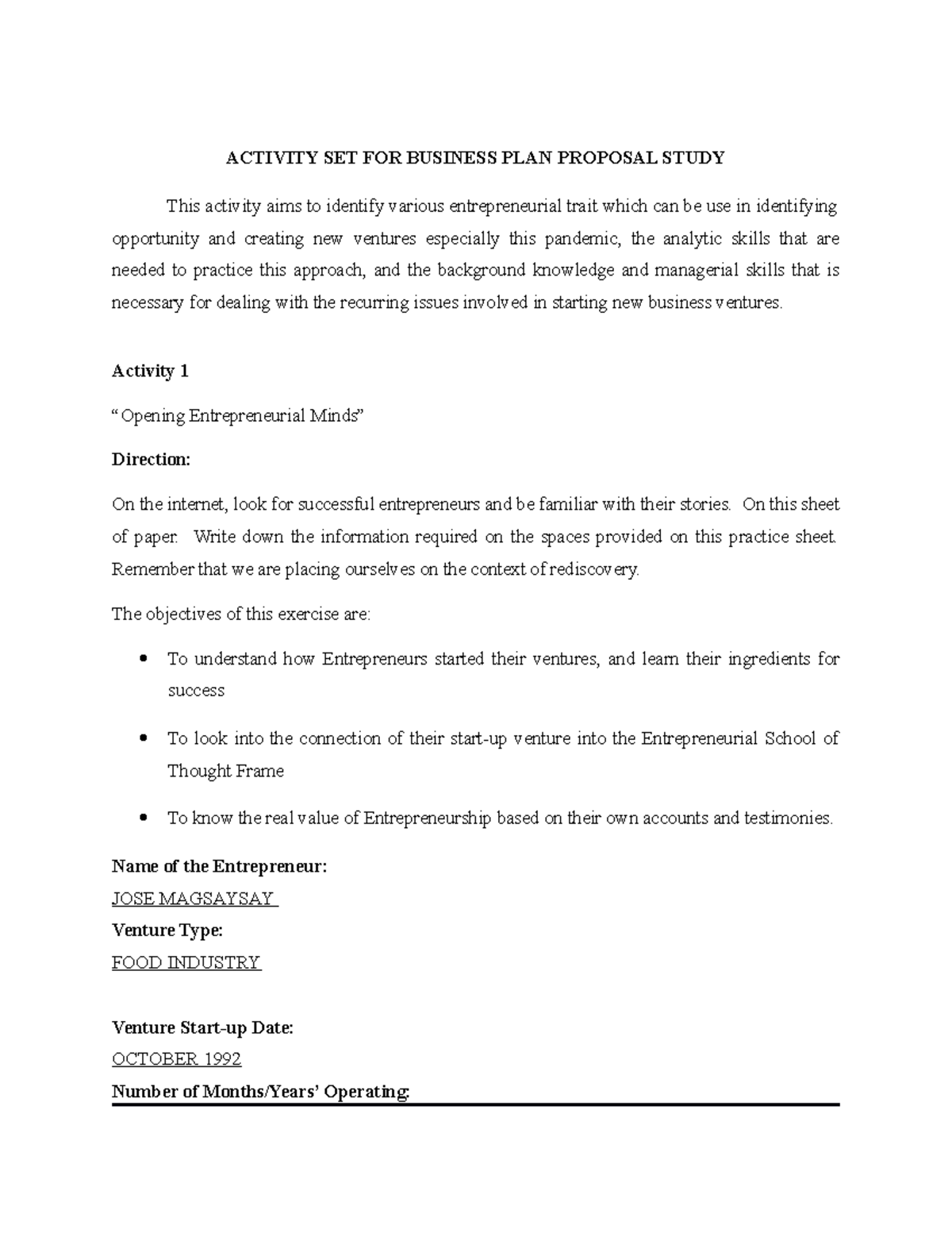 Activity SET FOR Business PLAN Proposal Study - ACTIVITY SET FOR ...