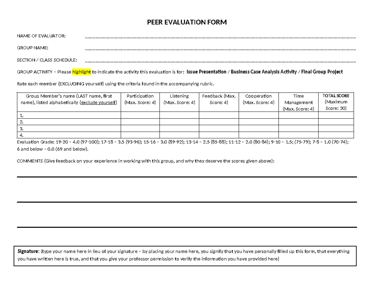 F Dnmanp Peer Evaluation Form-4 - PEER EVALUATION FORM NAME OF EVALUATOR: - Studocu
