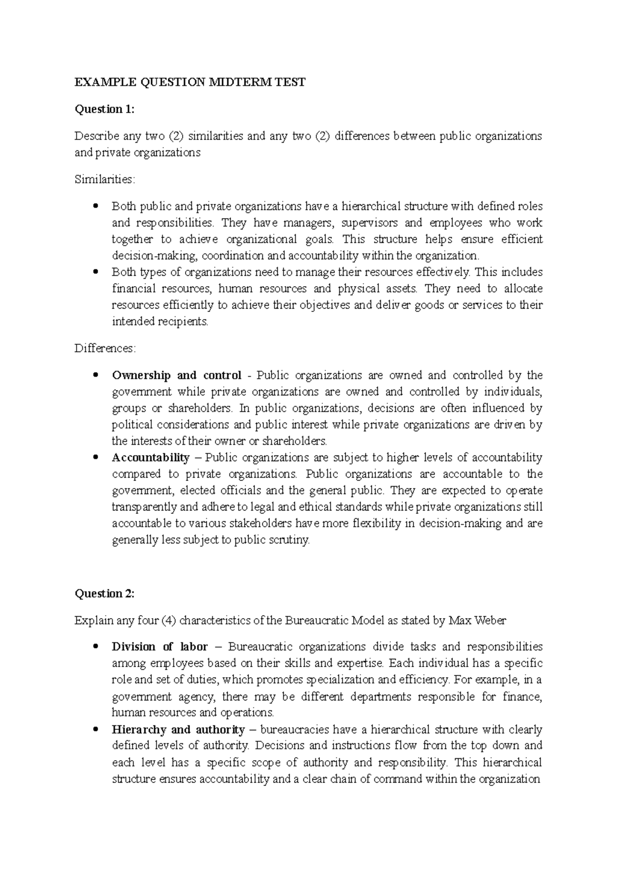 Example Question Midterm TEST - EXAMPLE QUESTION MIDTERM TEST Question ...