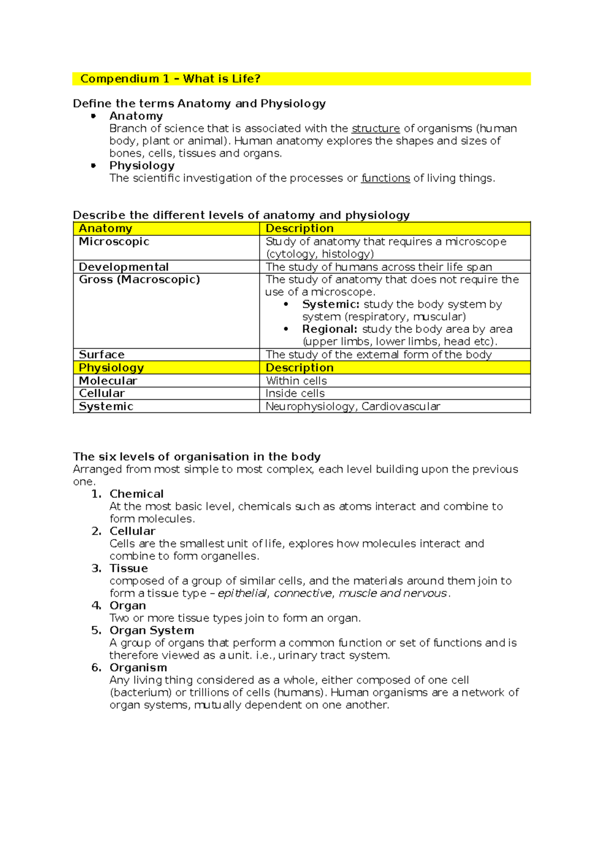 Compendium 1 full and detailed notes - Compendium 1 – What is Life ...