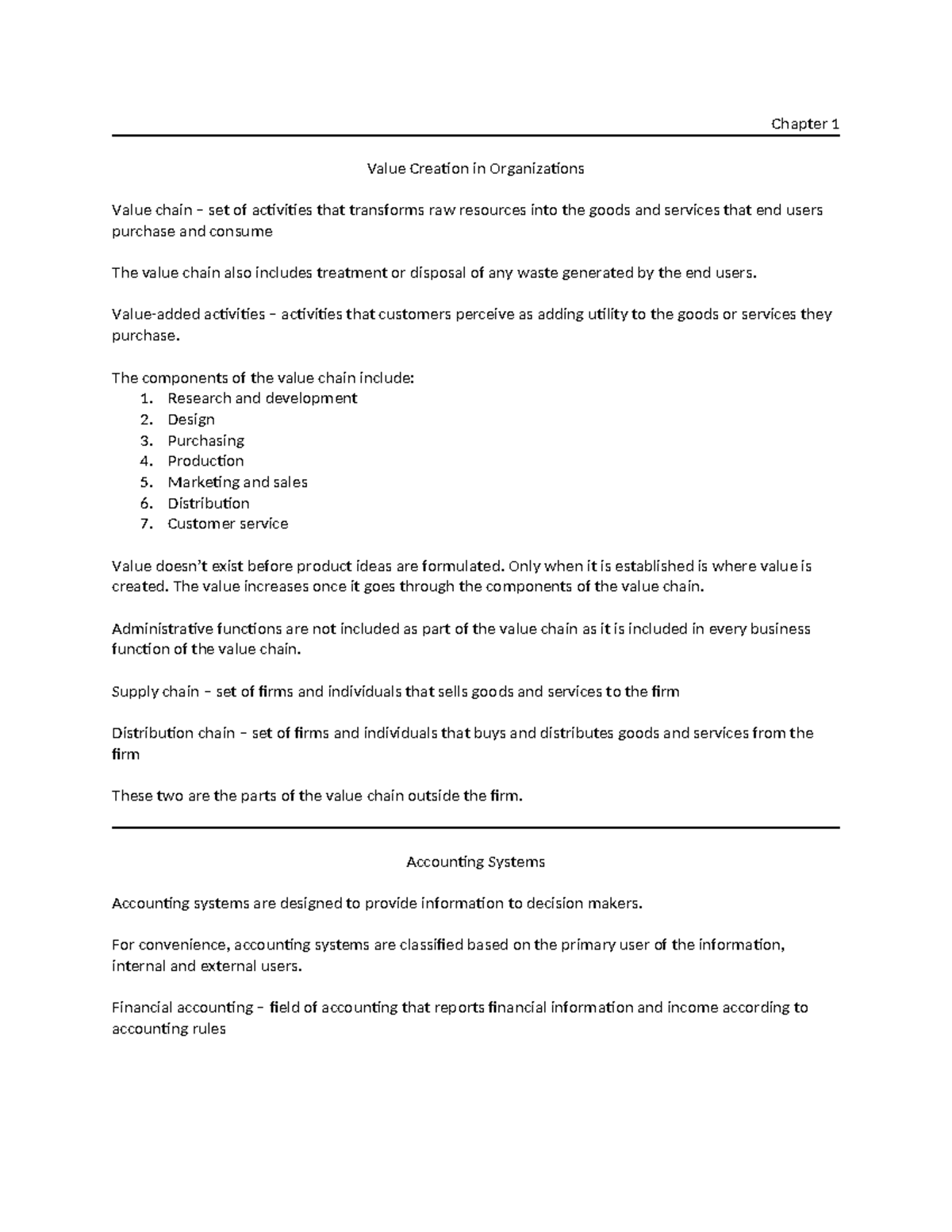 Cost Accounting Chapter 1 - Chapter 1 Value Creation in Organizations Value chain – set of - Studocu