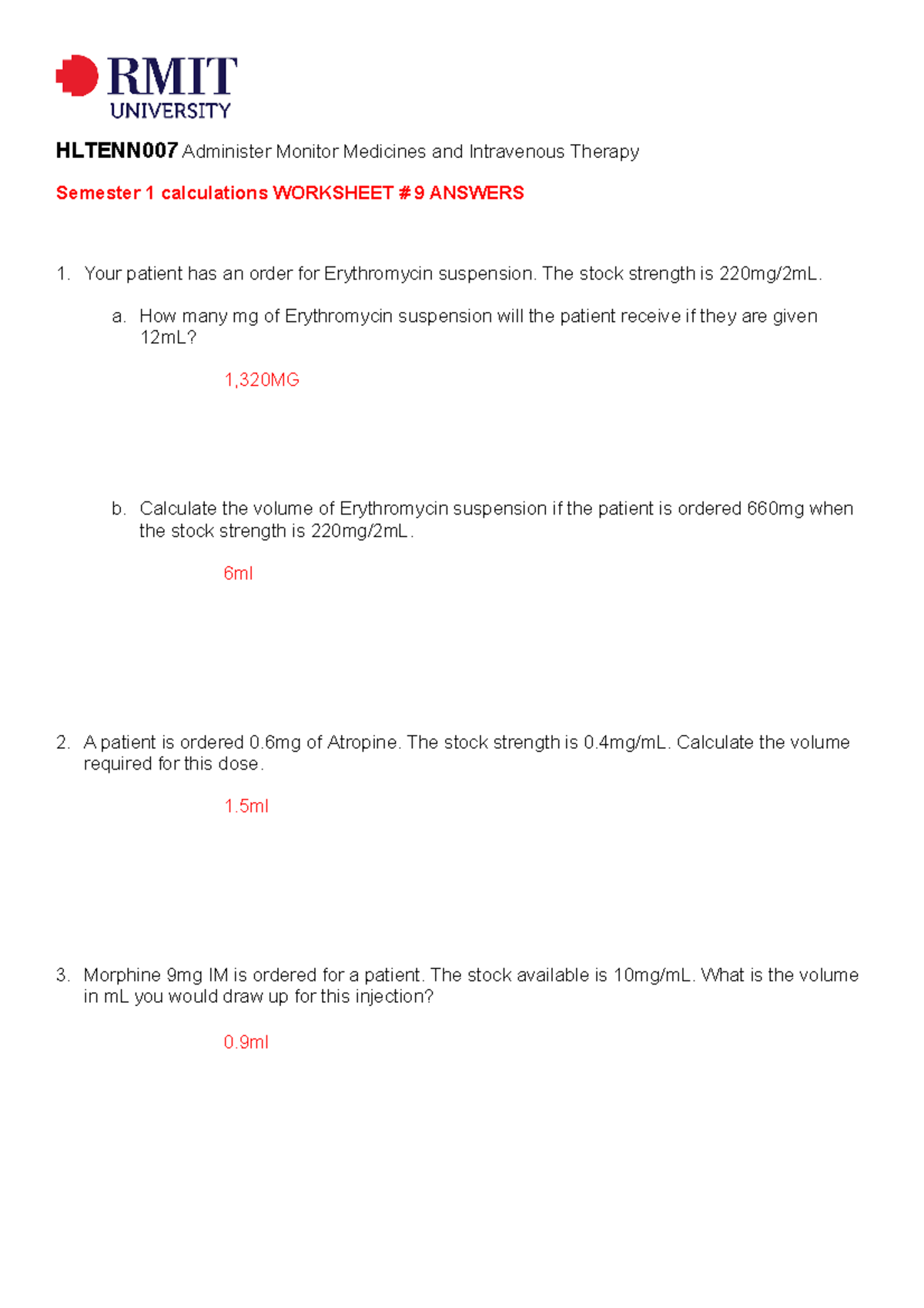 Medication Calculation Worksheet - HLTENN007 Administer Monitor ...