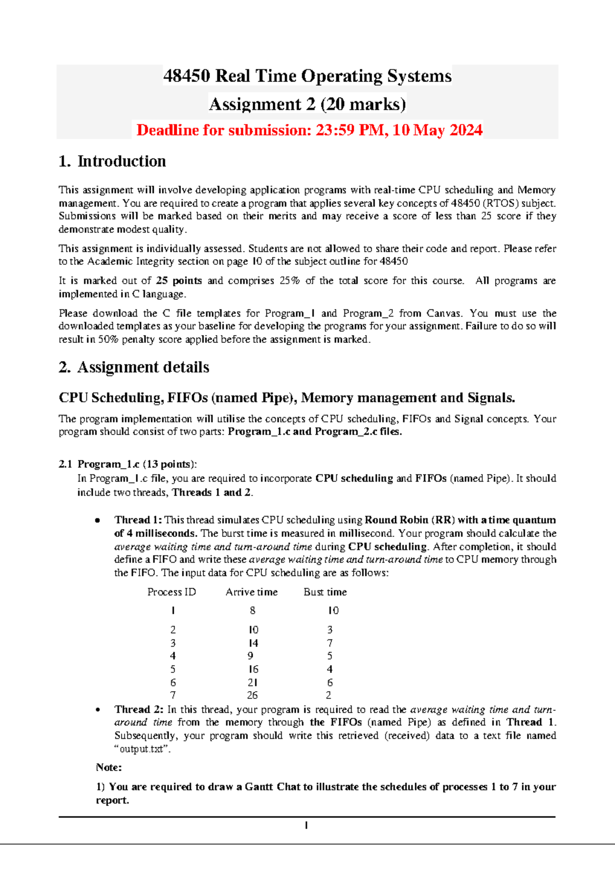 2024 AUT assignment-3 - 1 48450 Real Time Operating Systems Assignment 2 (20 marks) Deadline for ...