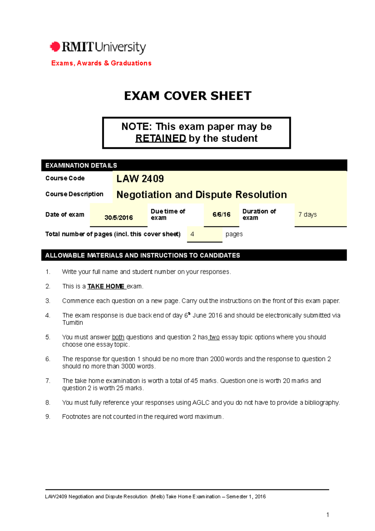 Exam 3 May 2016, questions - Exams, Awards Graduations EXAM COVER SHEET ...