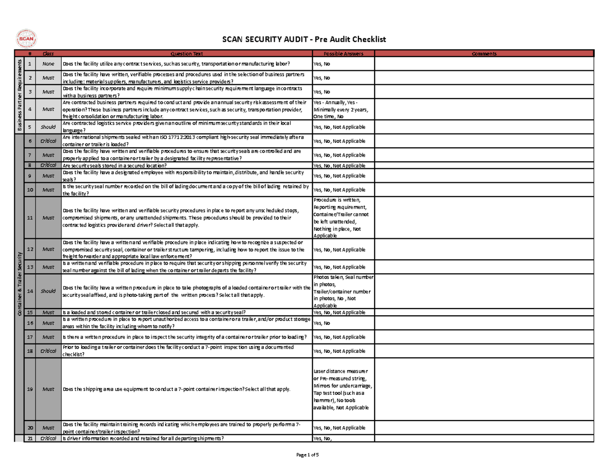 SCAN Security Audit Questions Pre Audit Checklist - # Class Question ...