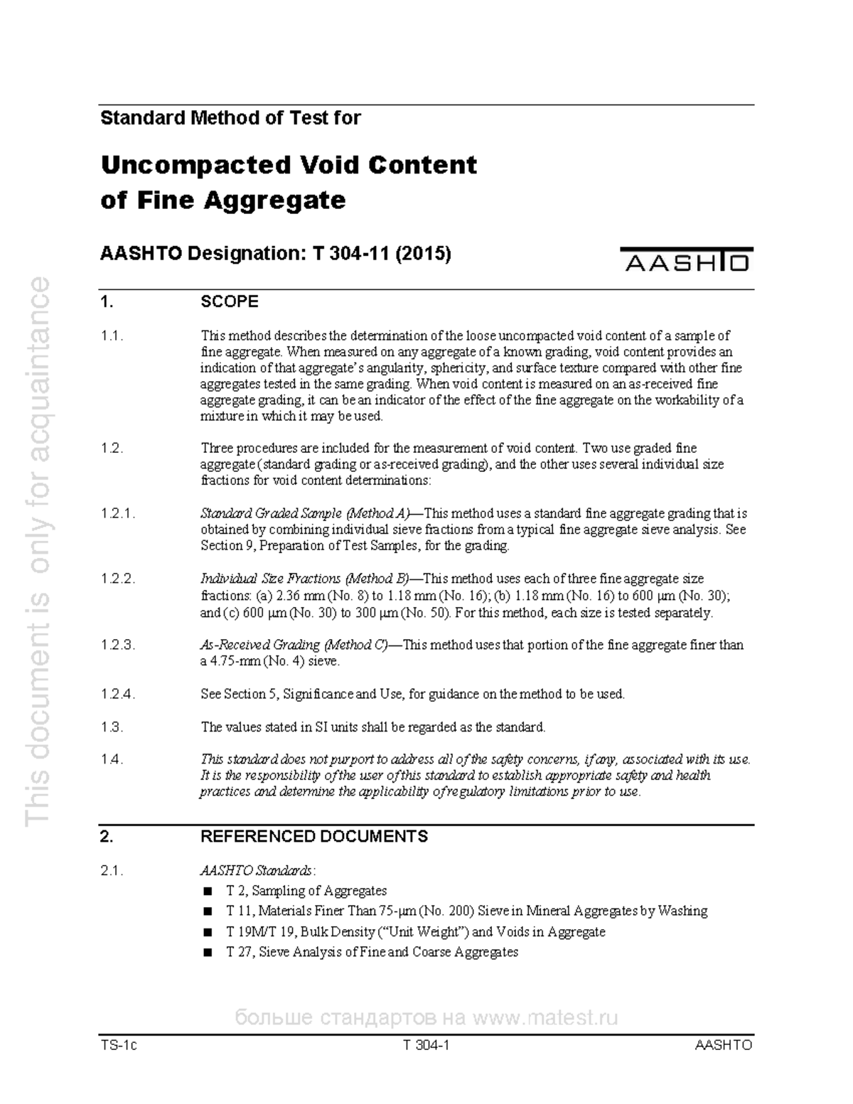 Aashto T304-15 - NORMA - Standard Method of Test for Uncompacted Void ...