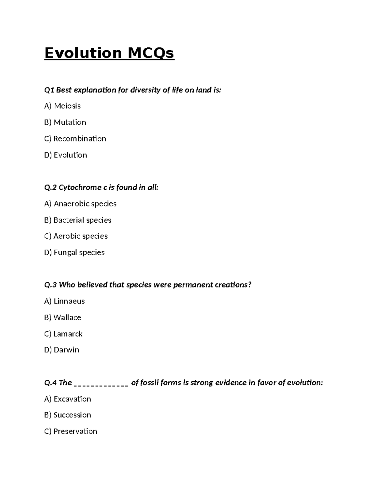Evolution MCQs - wpiv pdivh ed - Evolution MCQs Q1 Best explanation for diversity of life on ...