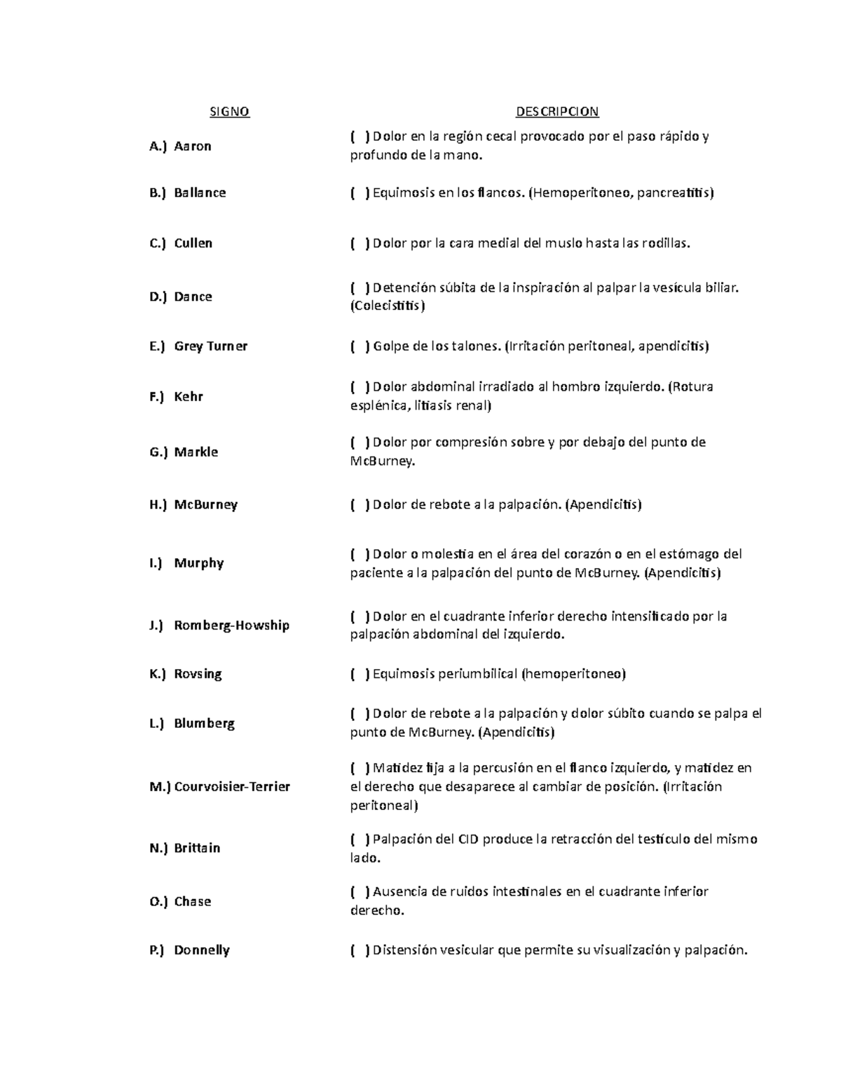 SIGNO DESCRIPCION A.) Aaron ( ) Dolor en la región cecal provocado por ...