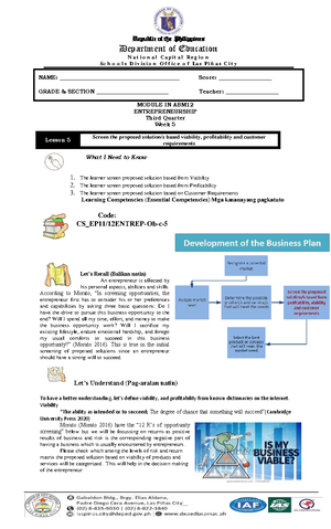 Entrep- Module 3 - lecture notes - MODULE IN ABM ENTREPRENEURSHIP Third ...
