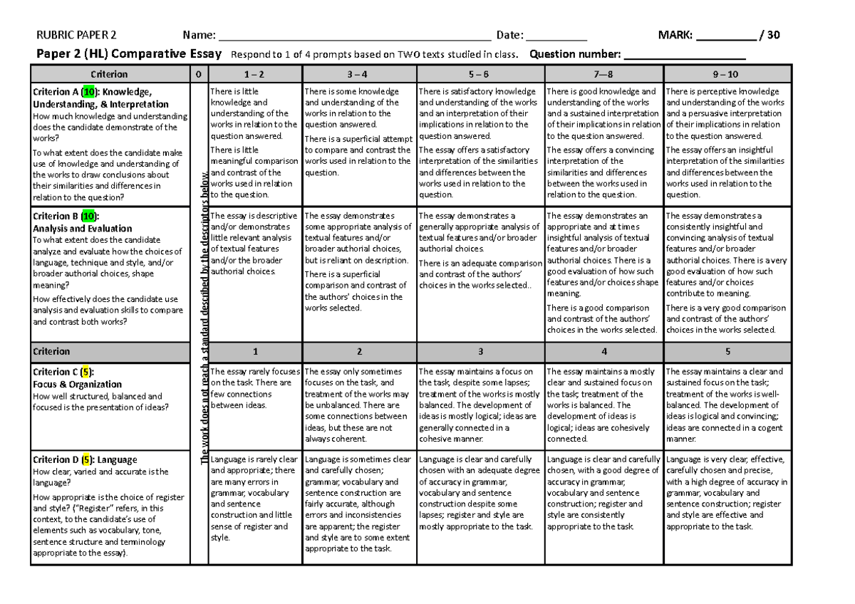 Paper-2-Markscheme-Rubric HL - RUBRIC PAPER 2 Name