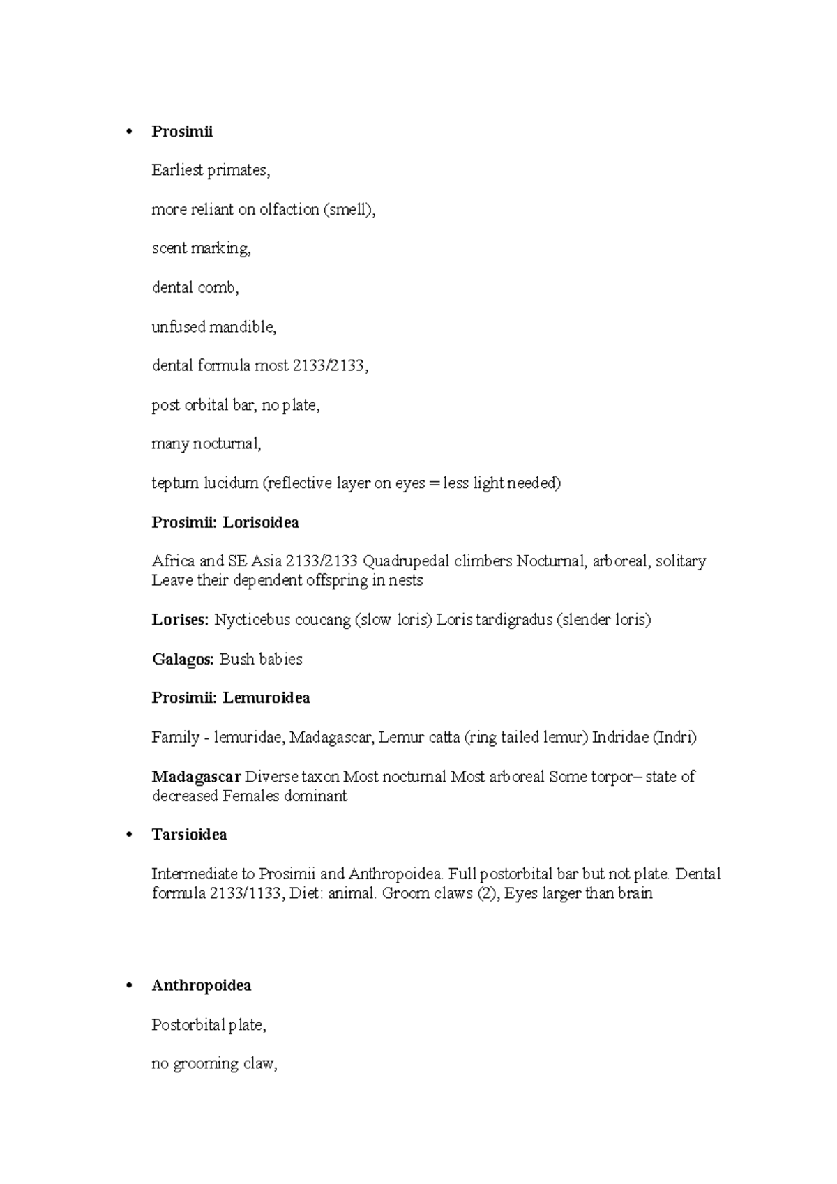 Anhb1101 Lecture 7 notes - Prosimii Earliest primates, more reliant on ...