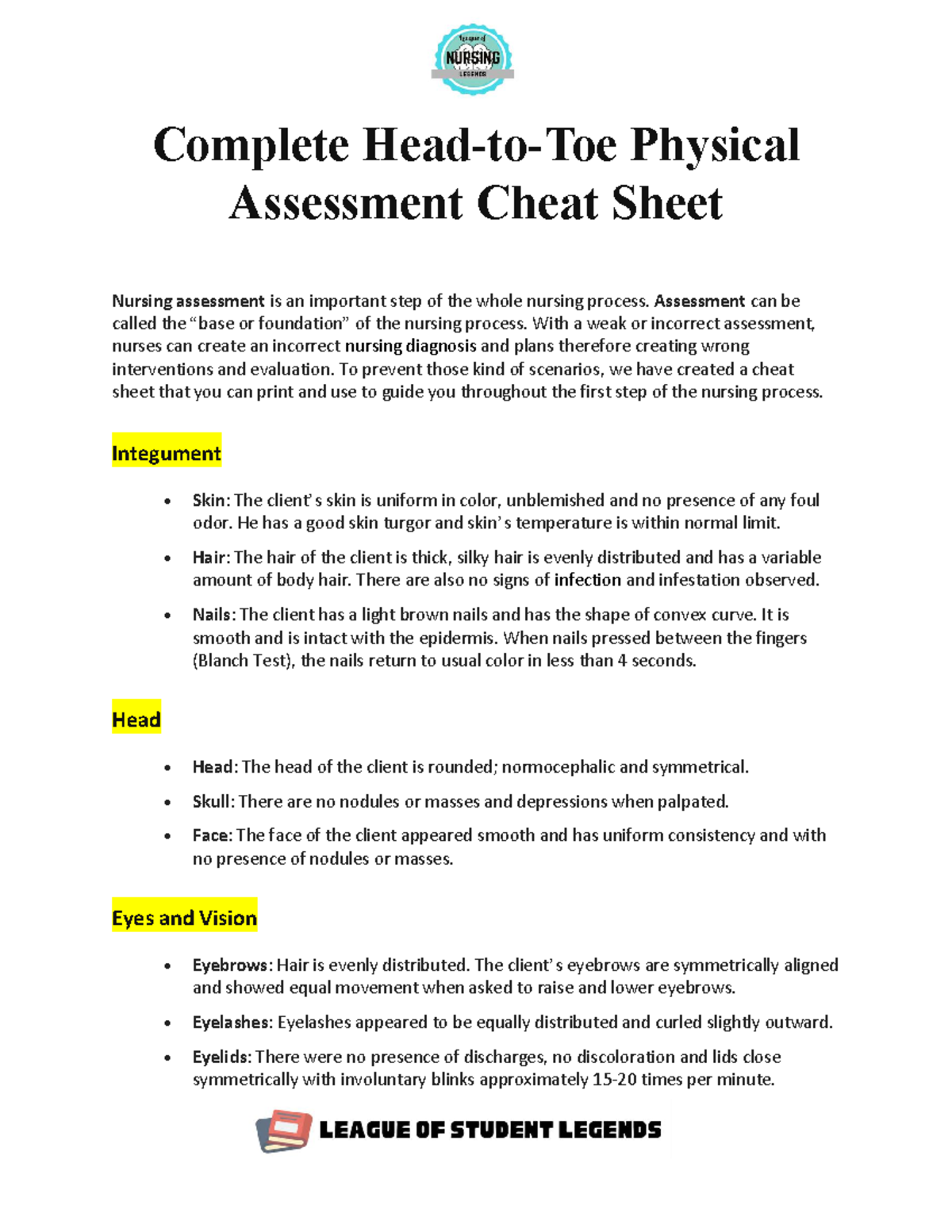 Complete-head compress - Complete Head-to-Toe Physical Assessment Cheat ...