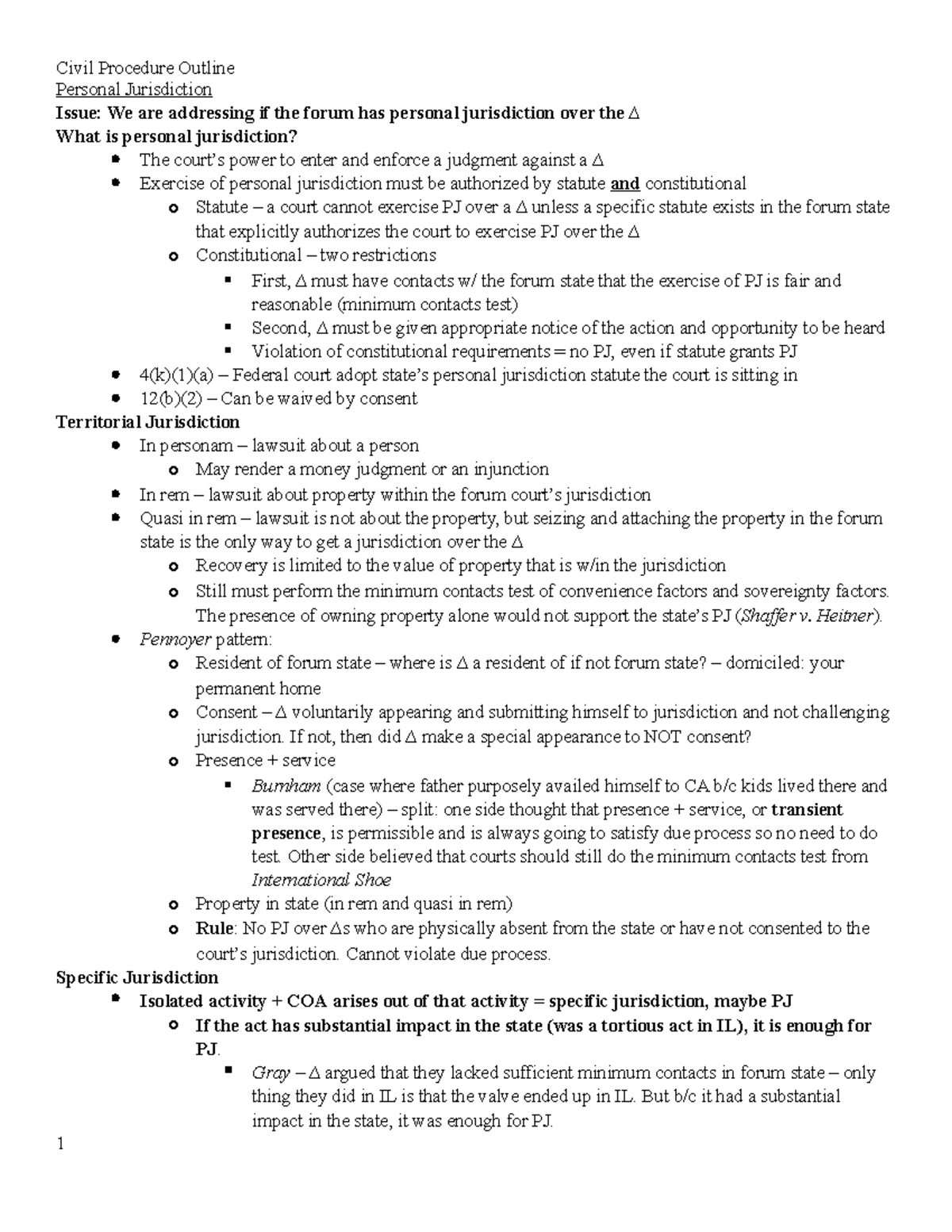 Reddit Outline - Personal Jurisdiction Issue: We are addressing if the ...