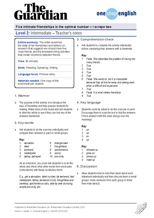 Five intimate friends - Advanced - Teacher's Note - •PHOTOCOPIABLE• CAN ...