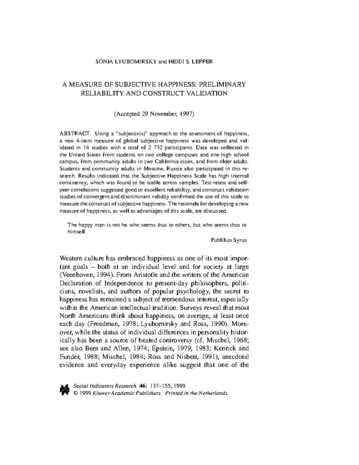 Lyubomirsky & Lepper, 1999 - SONJA LYUBOMIRSKY and HEIDI S. LEPPER A ...