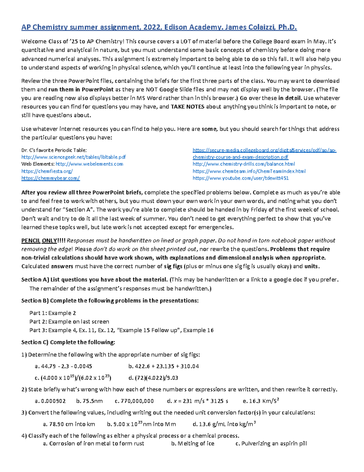 [UNIT A] HW - Chemistry Practice. - AP Chemistry summer assignment ...