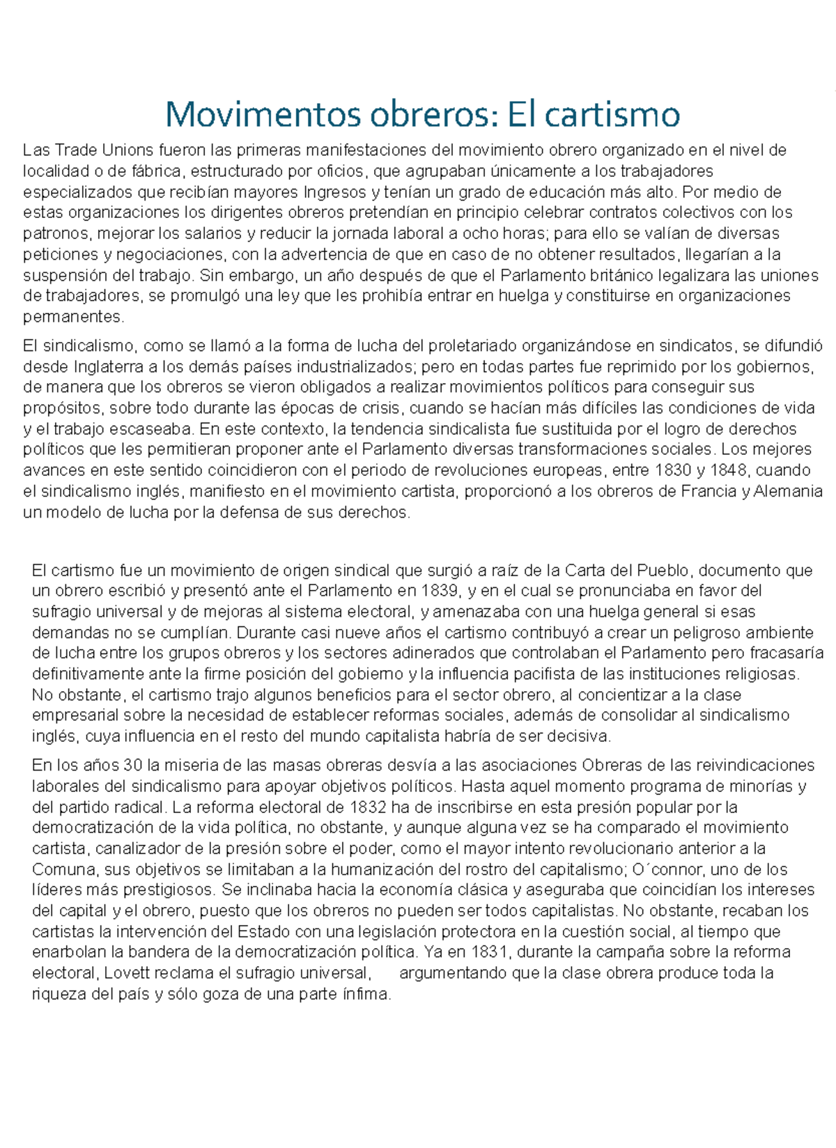 Cartismo - Movimentos obreros: El cartismo Las Trade Unions fueron las ...