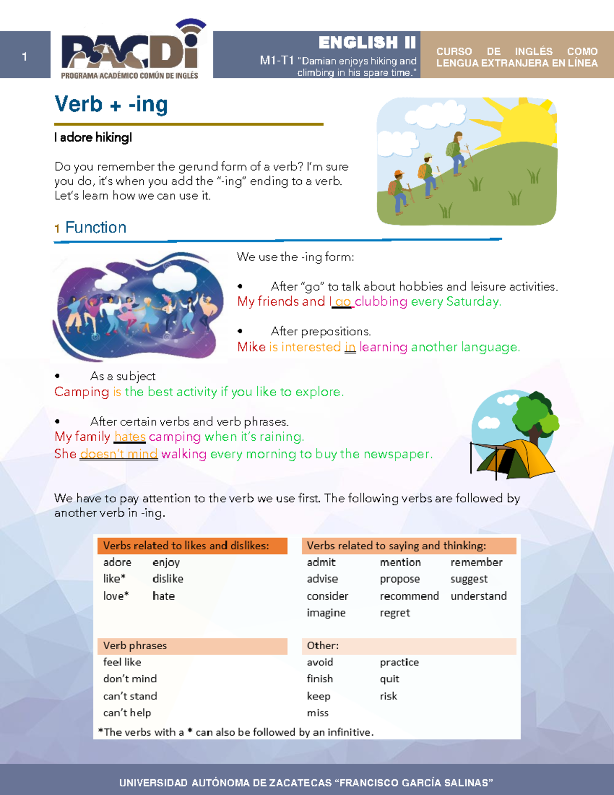 E2M1T1-Verb+ing - Verbos + ing (gerundios) - 1 CURSO DE INGLÉS COMO ...